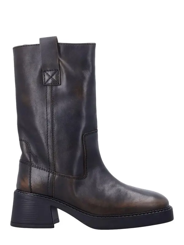 MIISTA Bi-aged Leather Mid-calf Biker Boots - Burnt