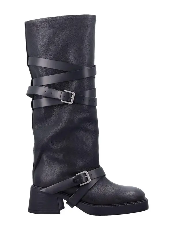 MIISTA Knee-high Strapped Cowhide Biker Boots - Black