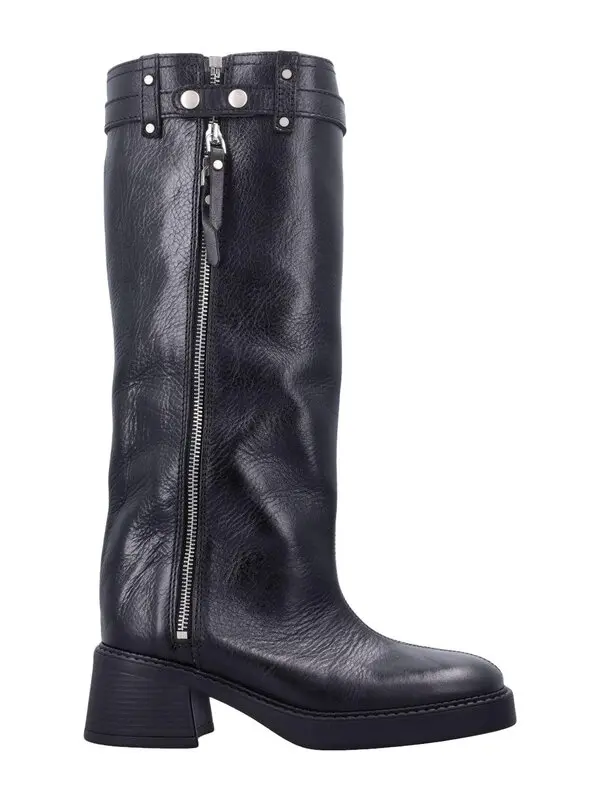 MIISTA Knee-high Leather Biker Boots With Side Zip - Black