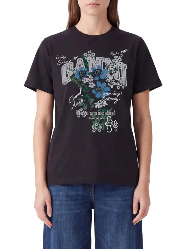 GANNI Organic Cotton Floral And Graffiti Logo Print T-shirt - Black