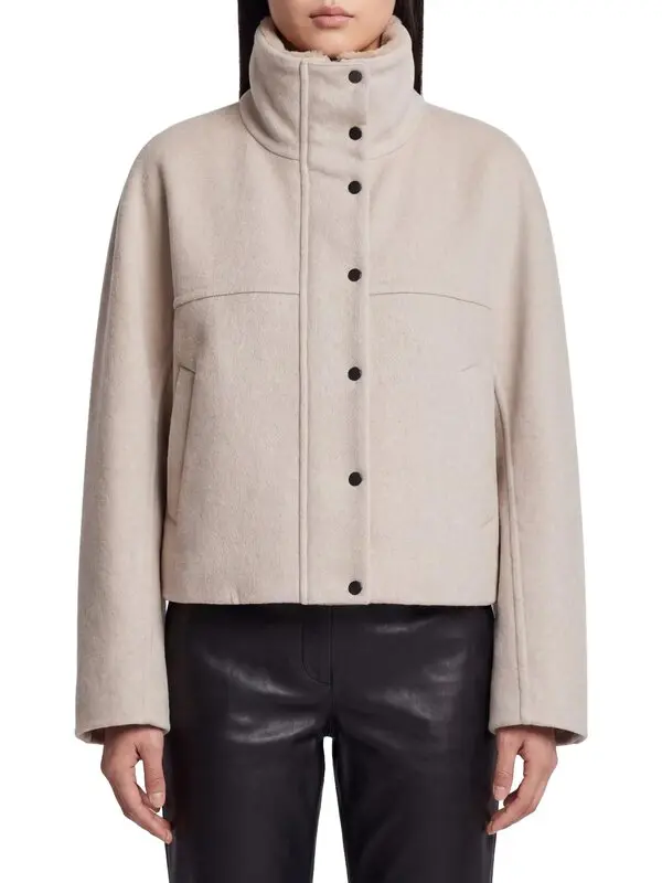 Brunello Cucinelli Wool And Cashmere Short Coat With High Neck And Monili Embroidery - Grey