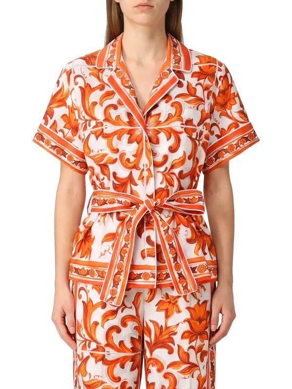 Dolce & Gabbana Cotton Shirt With Majolica Print And Revere Collar - Orange