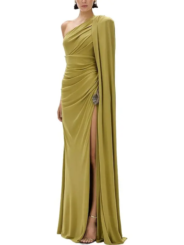 Rachel Gilbert Asymmetric Cape Sleeve Gown - Moss
