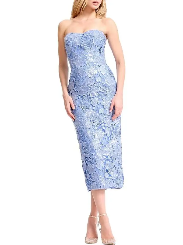 Dress The Population Shailene Strapless Sweetheart Lace Midi Dress - Sky