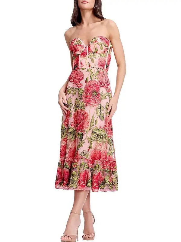 Dress The Population Carina Strapless Sweetheart Floral Lace Corset Midi Dress - Peach Multi