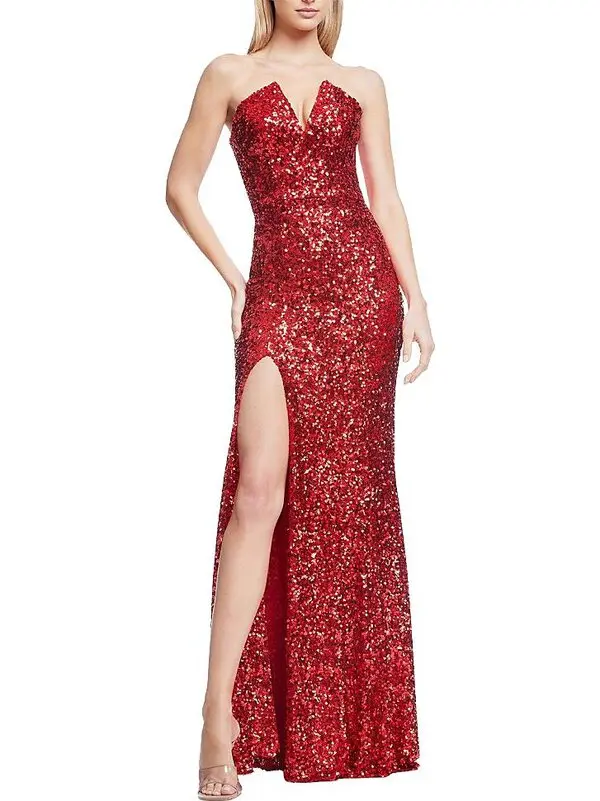 Dress The Population Strapless Sequin Plunge Gown With High Slit - Rouge