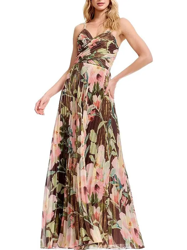 Dress The Population Floral Metallic Chiffon Pleated Gown - Mocha Multi