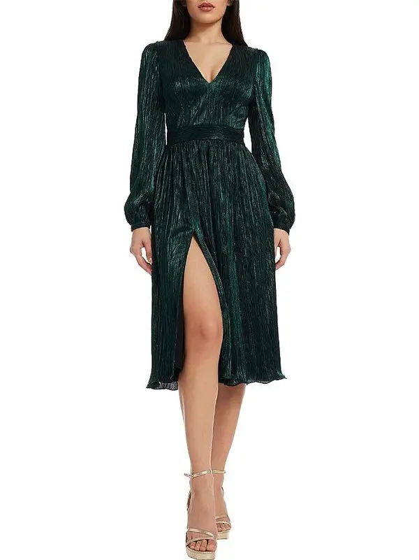 Dress The Population Holly Long Sleeve V-neck Metallic Pleated Midi Dress - Deep Emerald