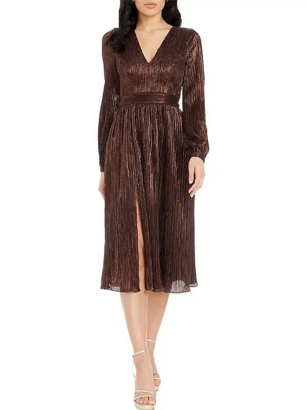 Dress The Population Holly Long Sleeve V-neck Metallic Pleated Midi Dress - Mocha