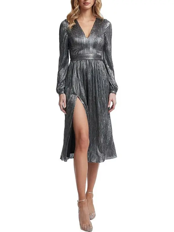 Dress The Population Holly Long Sleeve V-neck Metallic Pleated Midi Dress - Silver