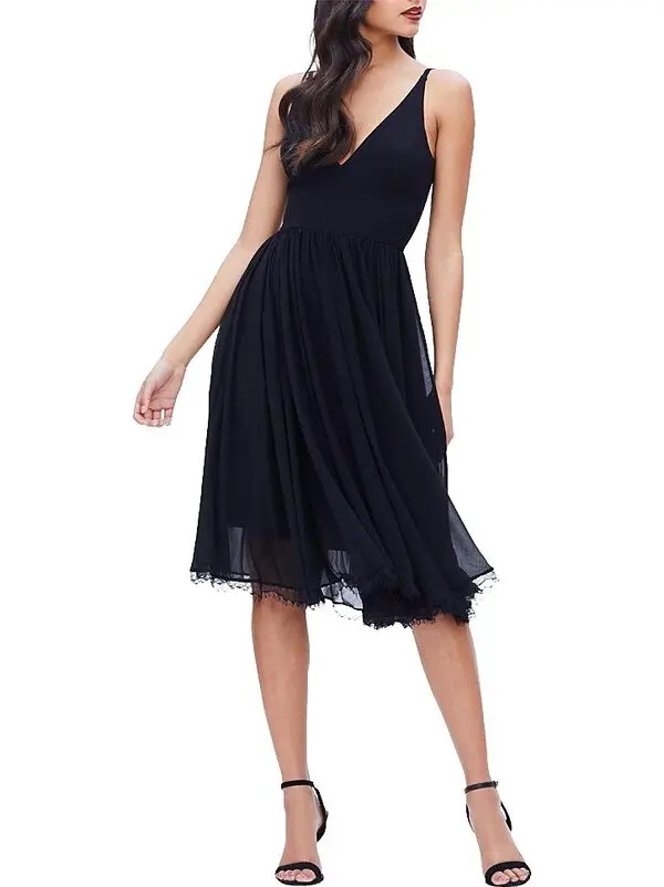 Dress The Population Alicia V-neck Lace Trim Midi Dress - Black