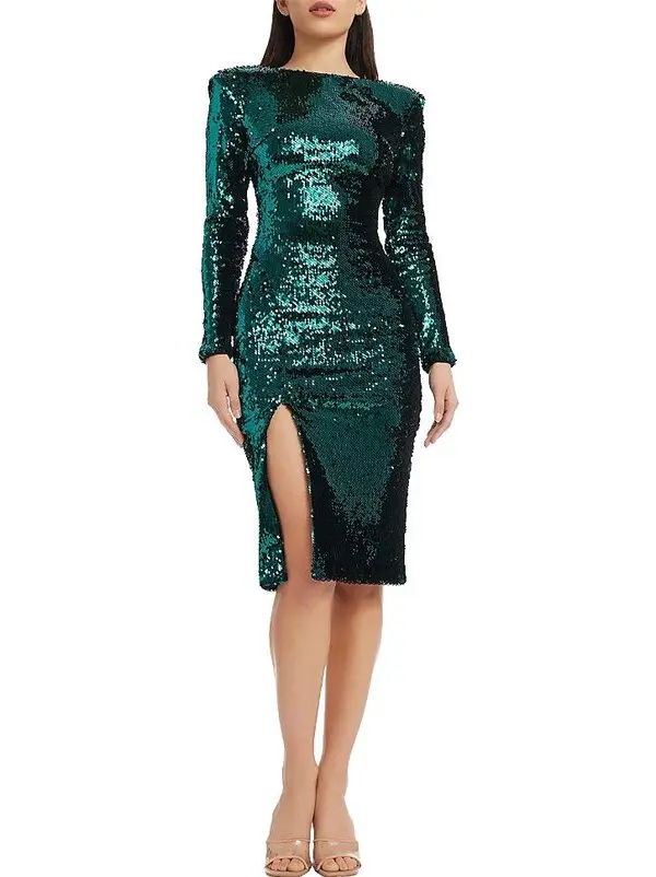 Dress The Population Natalie Long Sleeve Sequin Sheath Midi Dress With Slit - Deep Emerald