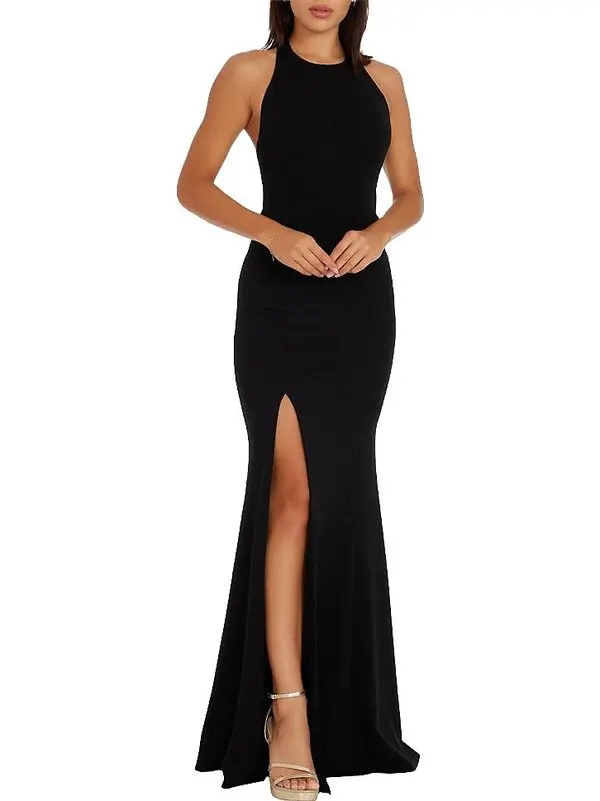 Dress The Population Paige Halter Neck High Slit Mermaid Gown - Black