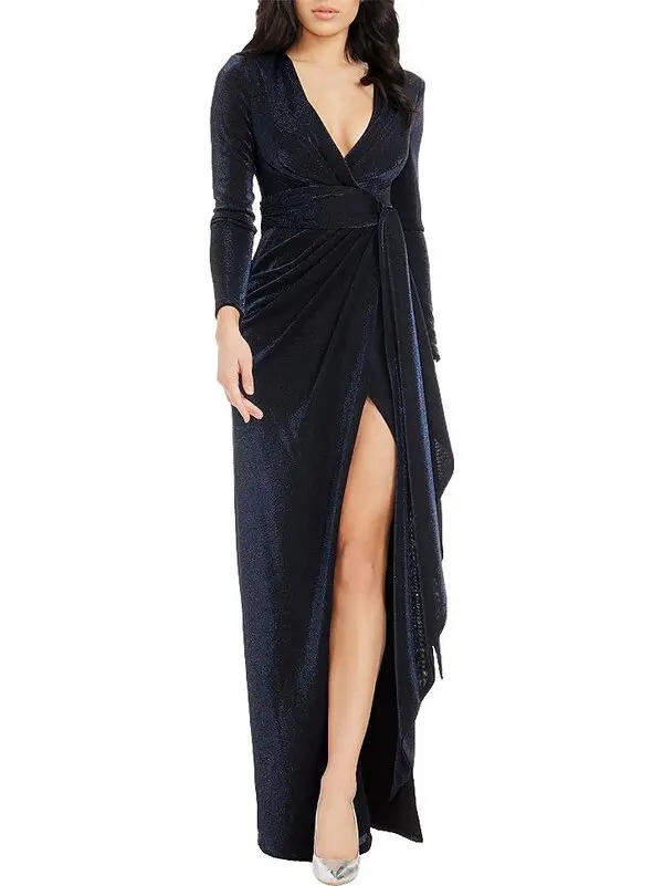 Dress The Population Shania Long Sleeve V-neck Metallic Wrap High Slit Gown - Navy Multi