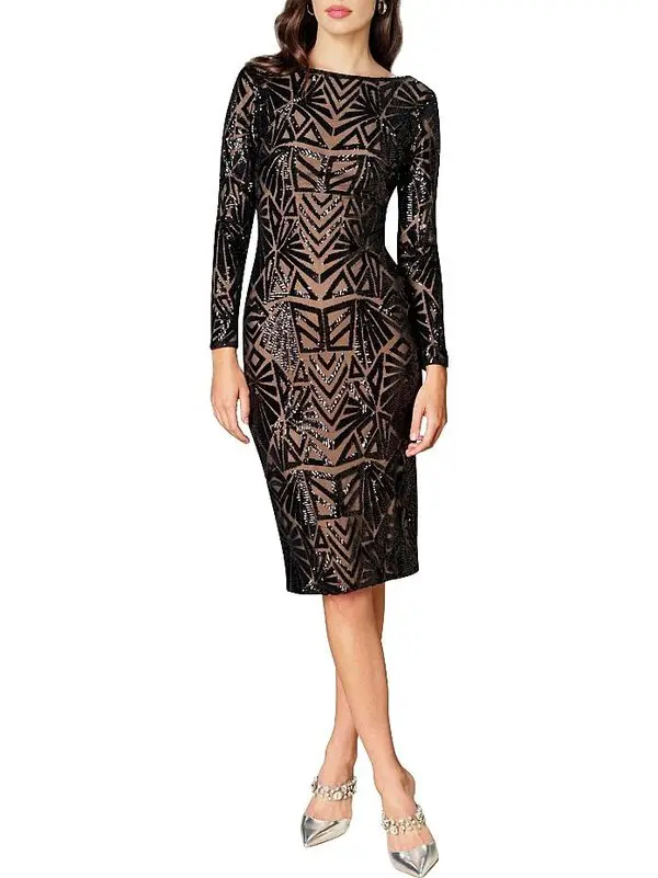 Dress The Population Emery Long Sleeve Chevron Sequin Midi Dress - Black