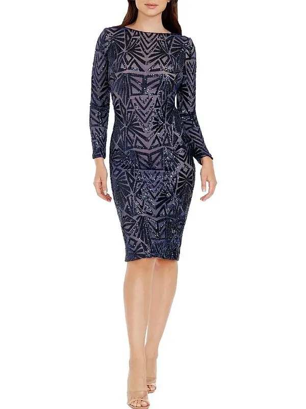 Dress The Population Emery Long Sleeve Chevron Sequin Midi Dress - Navy