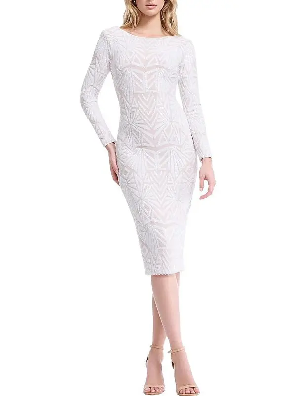 Dress The Population Emery Long Sleeve Chevron Sequin Midi Dress - White/nude