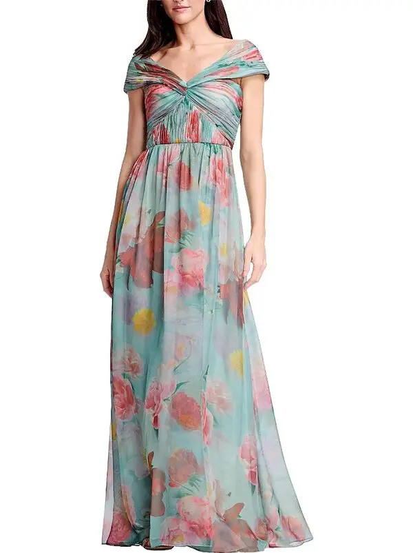 Dress The Population Xyla Off-the-shoulder Floral Print Chiffon Gown - Mint Multi