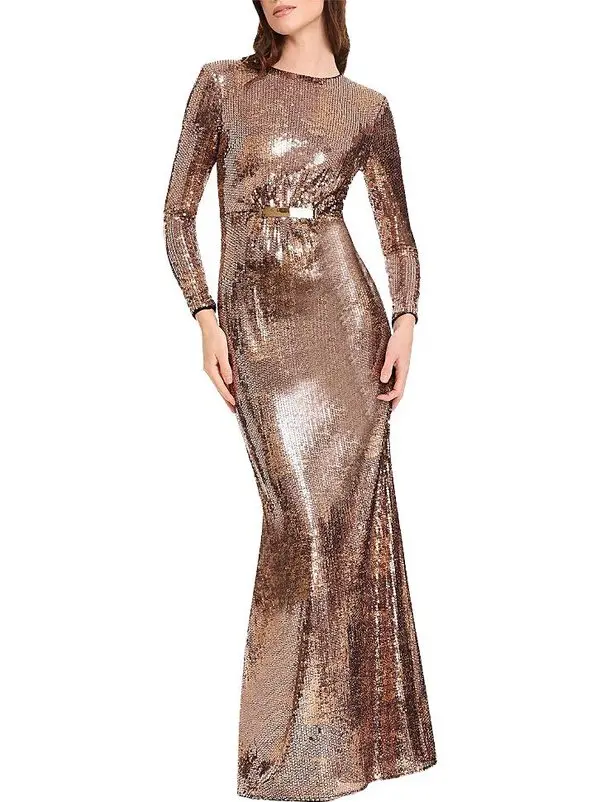 Dress The Population Long Sleeve Jewel Neck Sequin Belted Mermaid Gown - Rose Copper