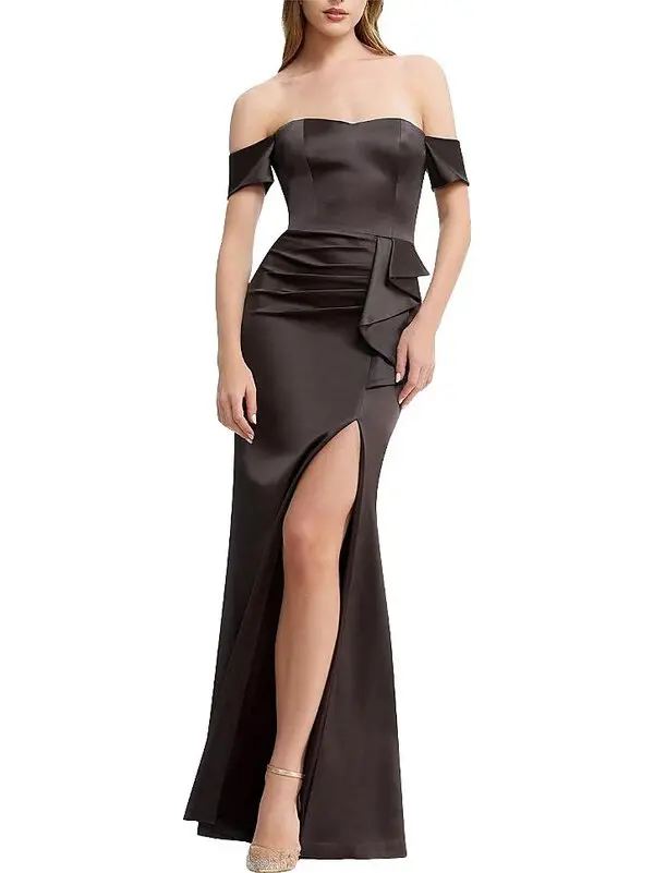 Dress The Population Gabrielle Off-the-shoulder Satin Ruffle Gown - Mocha