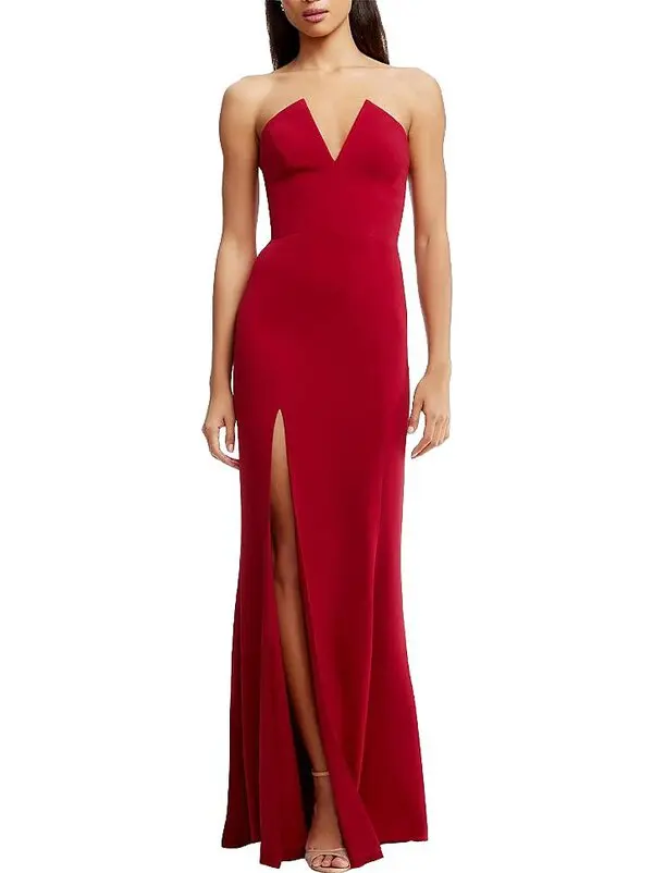 Dress The Population Fernanda Strapless Plunge V-neck High Slit Gown - Garnet