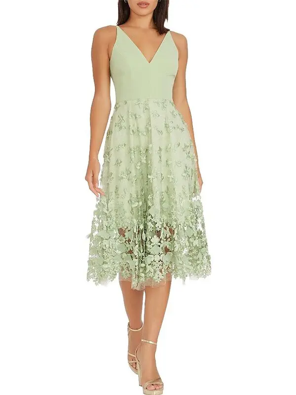 Dress The Population Darleen V-neck Floral Applique Fit-and-flare Gown - Sage