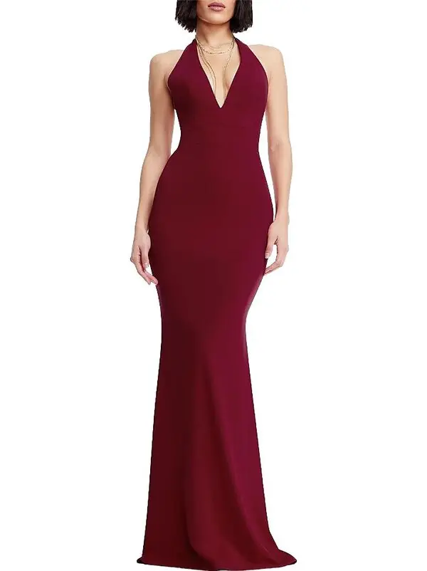 Dress The Population Camden Halter Plunge V-neck Mermaid Gown - Garnet