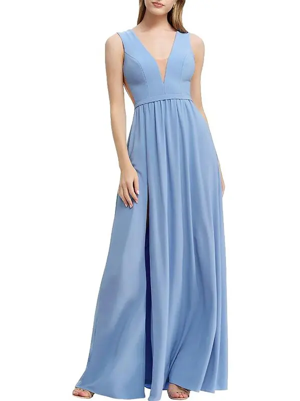 Dress The Population Katrina Plunge V-neck High Slit Gown - Sky