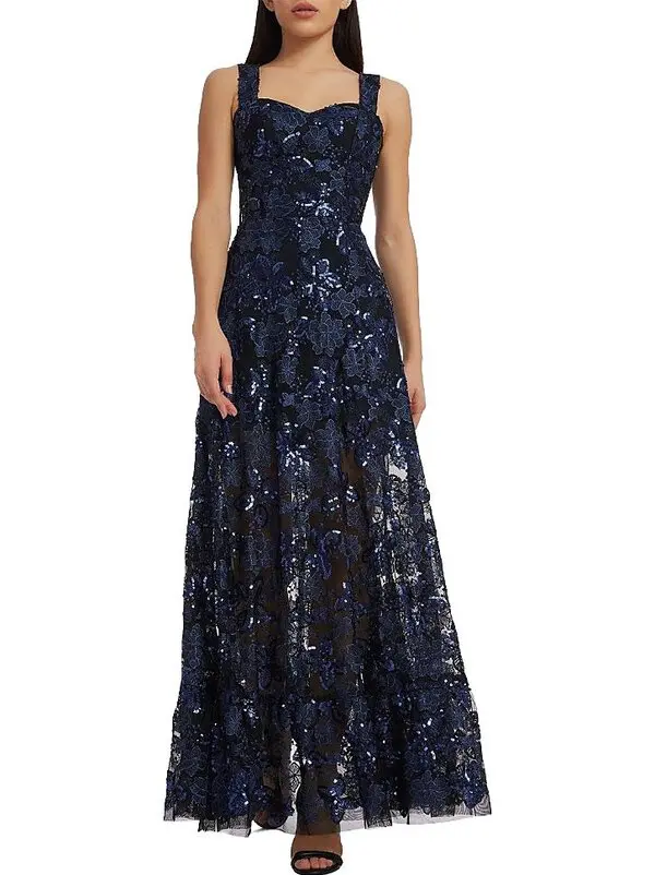 Dress The Population Anabel Sweetheart Neck Floral Sequin Lace A-line Gown - Navy