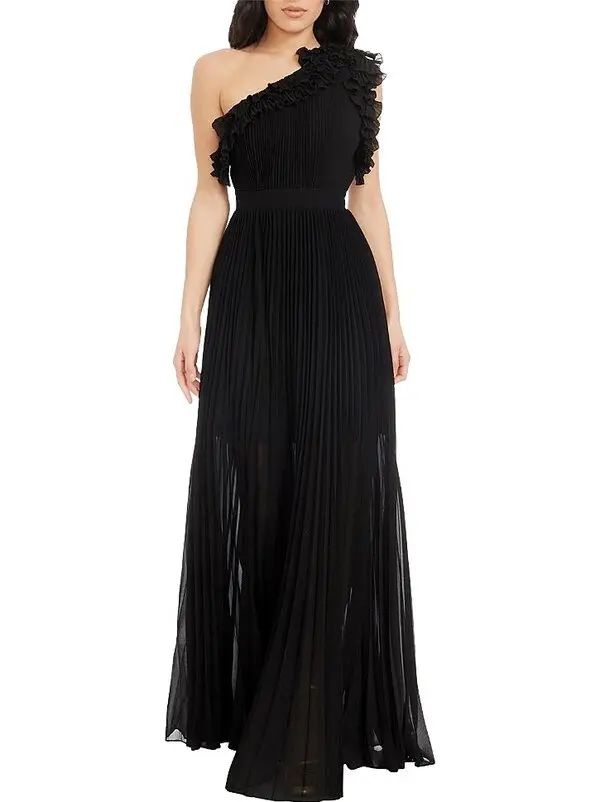 Dress The Population Vida One Shoulder Pleated Ruffle Gown - Black