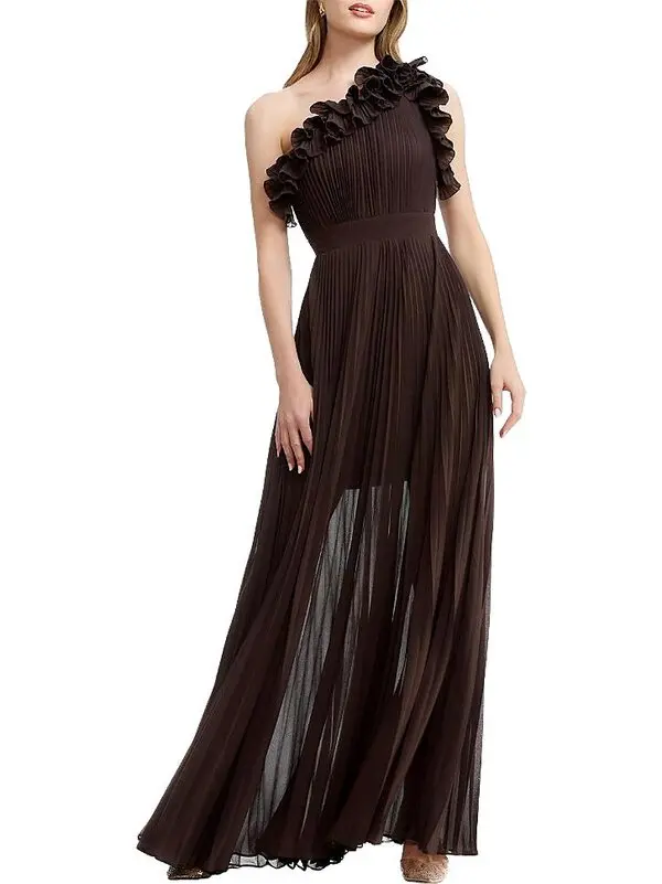 Dress The Population Vida One Shoulder Pleated Ruffle Gown - Mocha