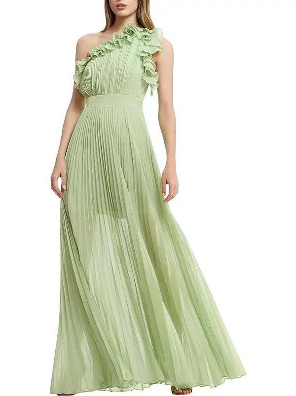 Dress The Population Vida One Shoulder Pleated Ruffle Gown - Sage