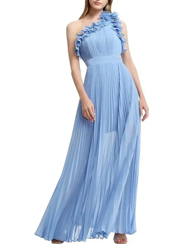 Dress The Population Vida One Shoulder Pleated Ruffle Gown - Sky