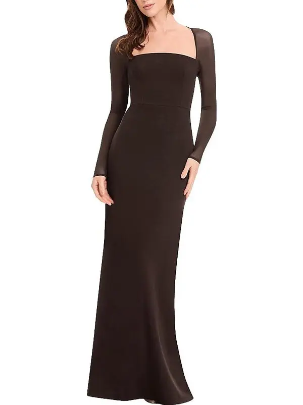 Dress The Population Maxwell Long-sleeve A-line Crepe Gown - Mocha