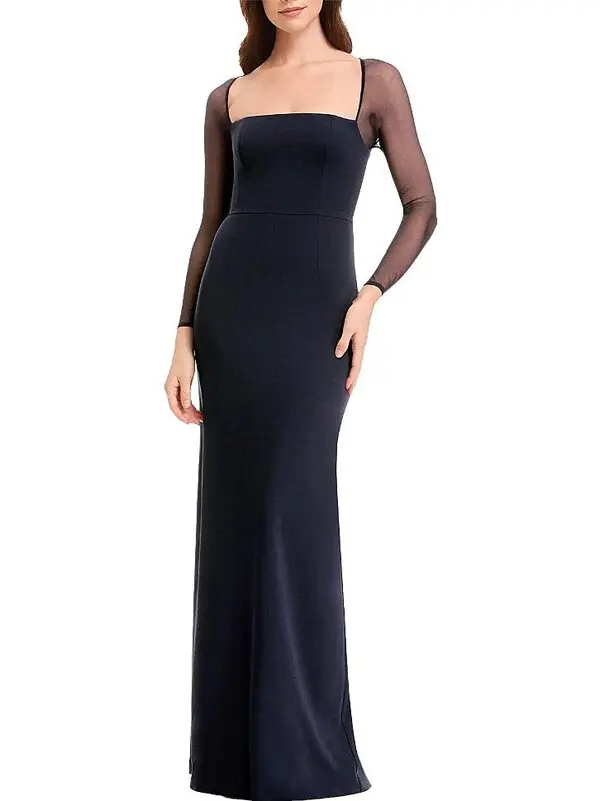 Dress The Population Maxwell Long-sleeve A-line Crepe Gown - Navy