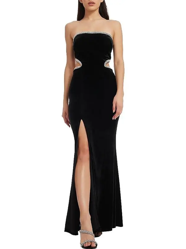 Dress The Population Ariana Strapless Crystal Trim Cut-out High Slit Gown - Black-silver