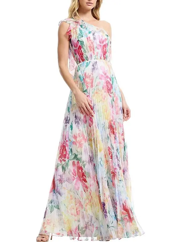 Dress The Population Leandra One-shoulder Printed Chiffon Gown - Ivory Multi