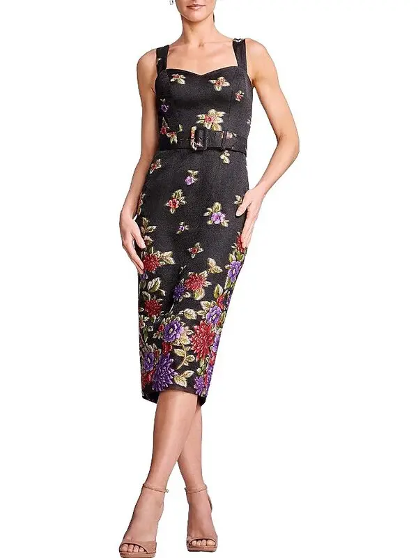 Dress The Population Nicole Belted Floral Organza Midi Dress - Black Multi