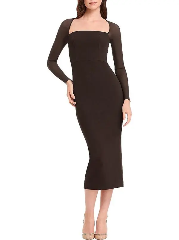Dress The Population Maxine Midi Sheer Sleeve Dress - Mocha