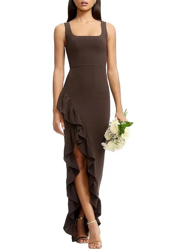 Dress The Population Charlene Square Neck Cascade Ruffle Gown - Mocha