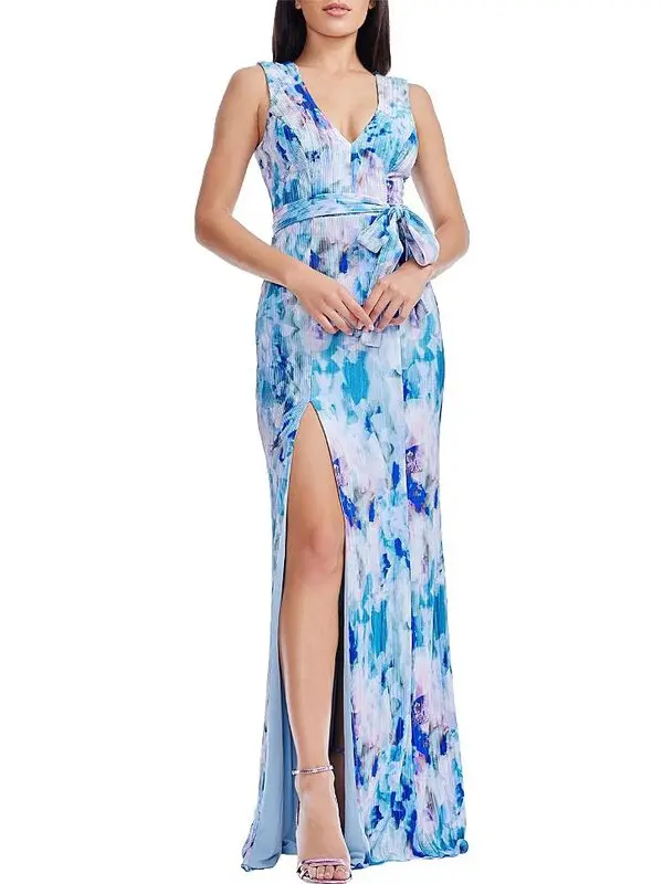 Dress The Population Sandra V-neck Floral Pleated Gown - Pale Blue Multi