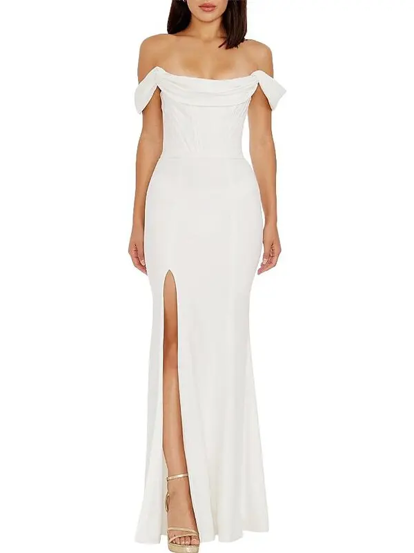 Dress The Population Melania Off-the-shoulder Draped Bustier Gown - White