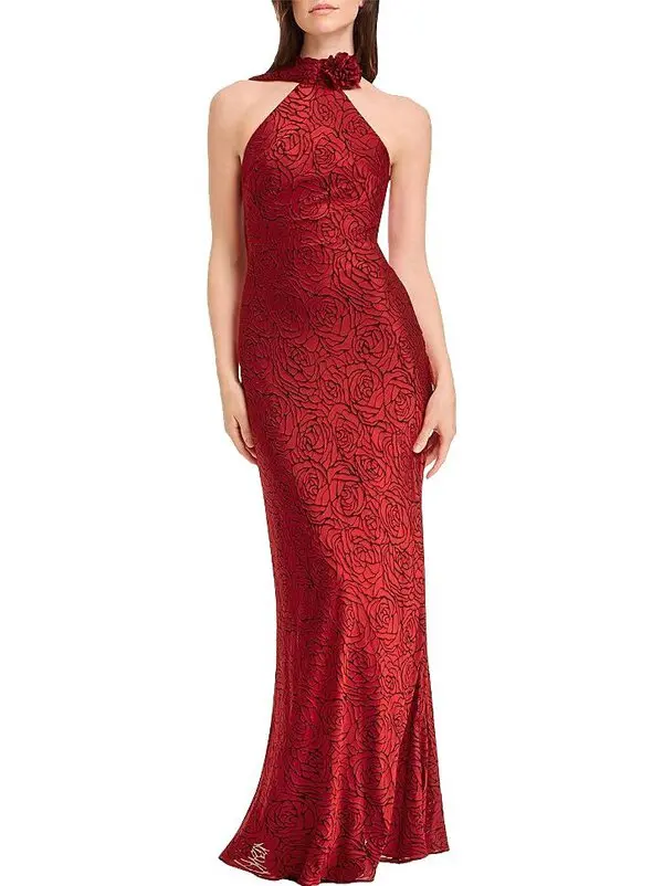 Dress The Population Olivia Rose Print Halter Neck Gown - Rouge Multi