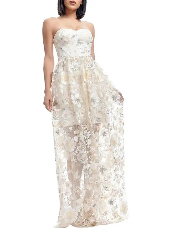 Dress The Population Audrina Strapless Sweetheart 3d Floral Applique Sheer Overlay Gown - Ivory Multi
