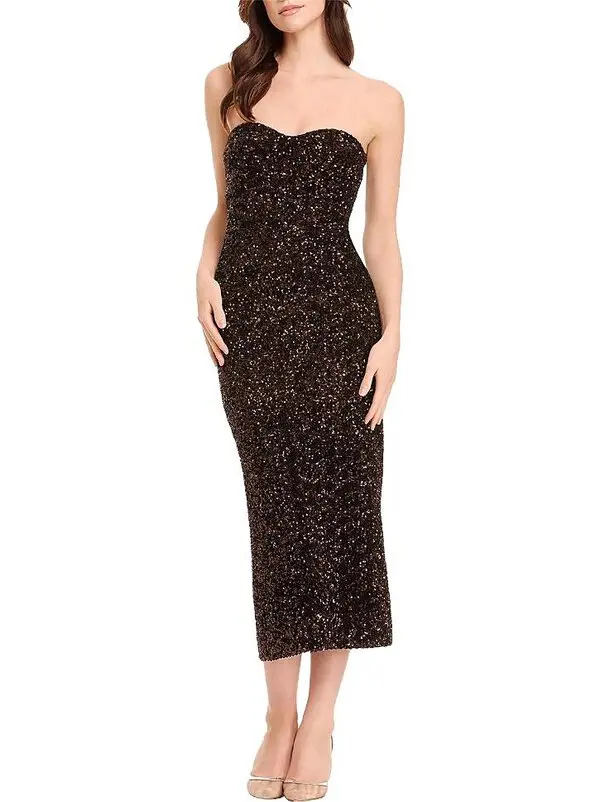 Dress The Population Vada Strapless Sequin Sweetheart Neck Bodycon Midi Dress - Mocha