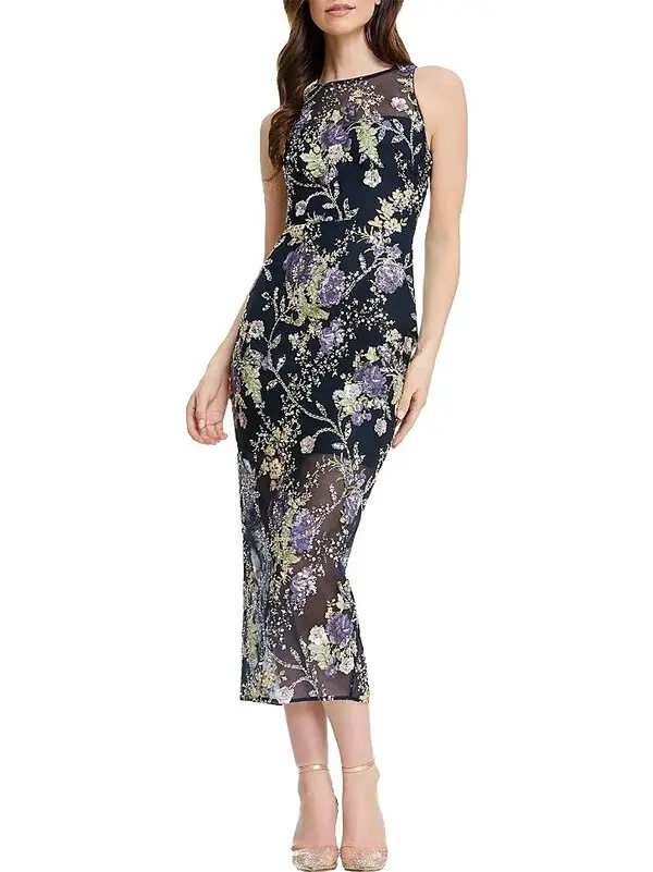 Dress The Population Helena Floral Embroidered Sheer Overlay Midi Dress - Navy Multi