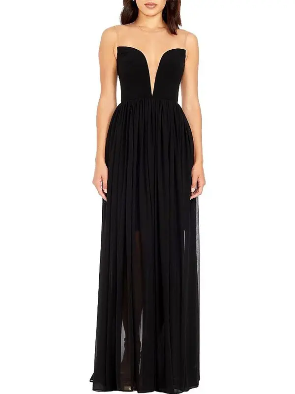 Dress The Population Eleanor Illusion Neck Plunge Bustier Chiffon Gown - Black