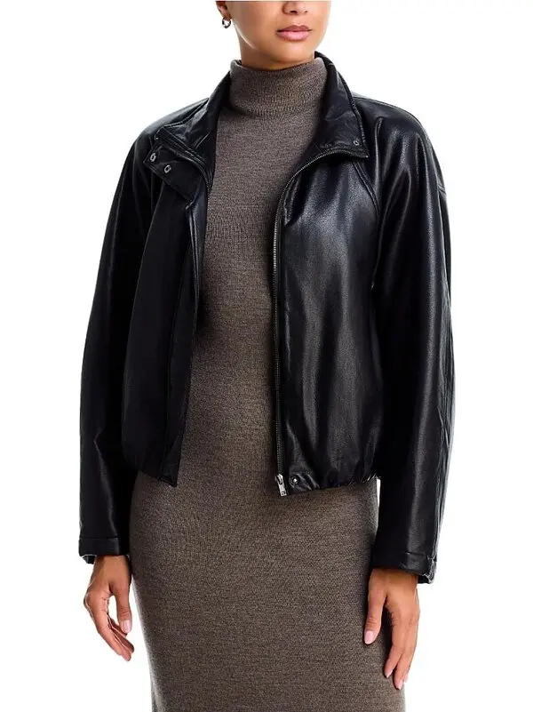 Aqua Faux Leather Bomber Jacket - Black