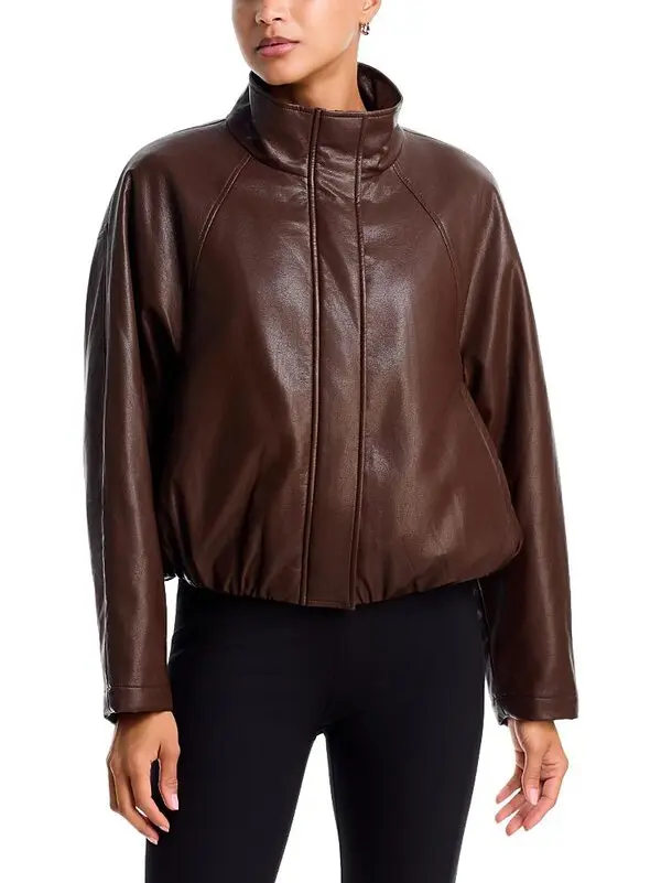 Aqua Faux Leather Bomber Jacket - Brown