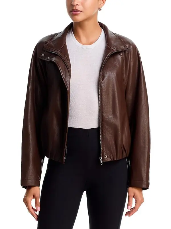 Aqua Faux Leather Bomber Jacket - Brown
